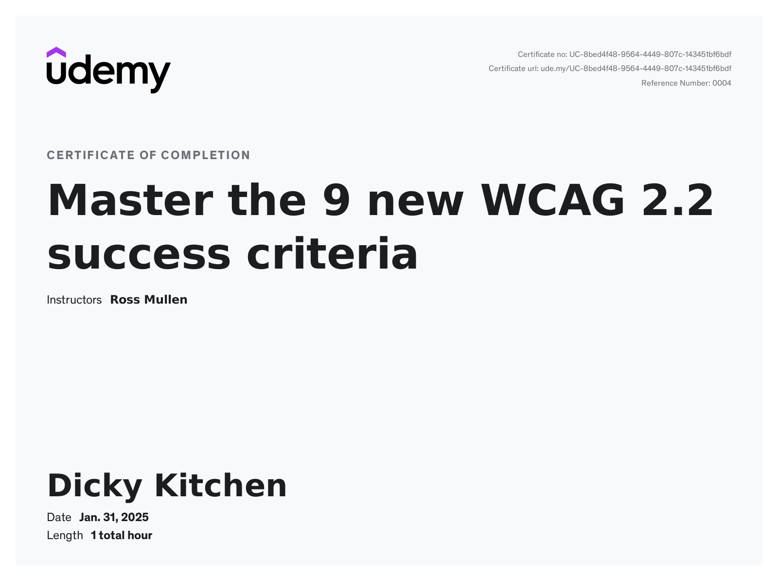 Dicky Kitchen Jr's Certificates